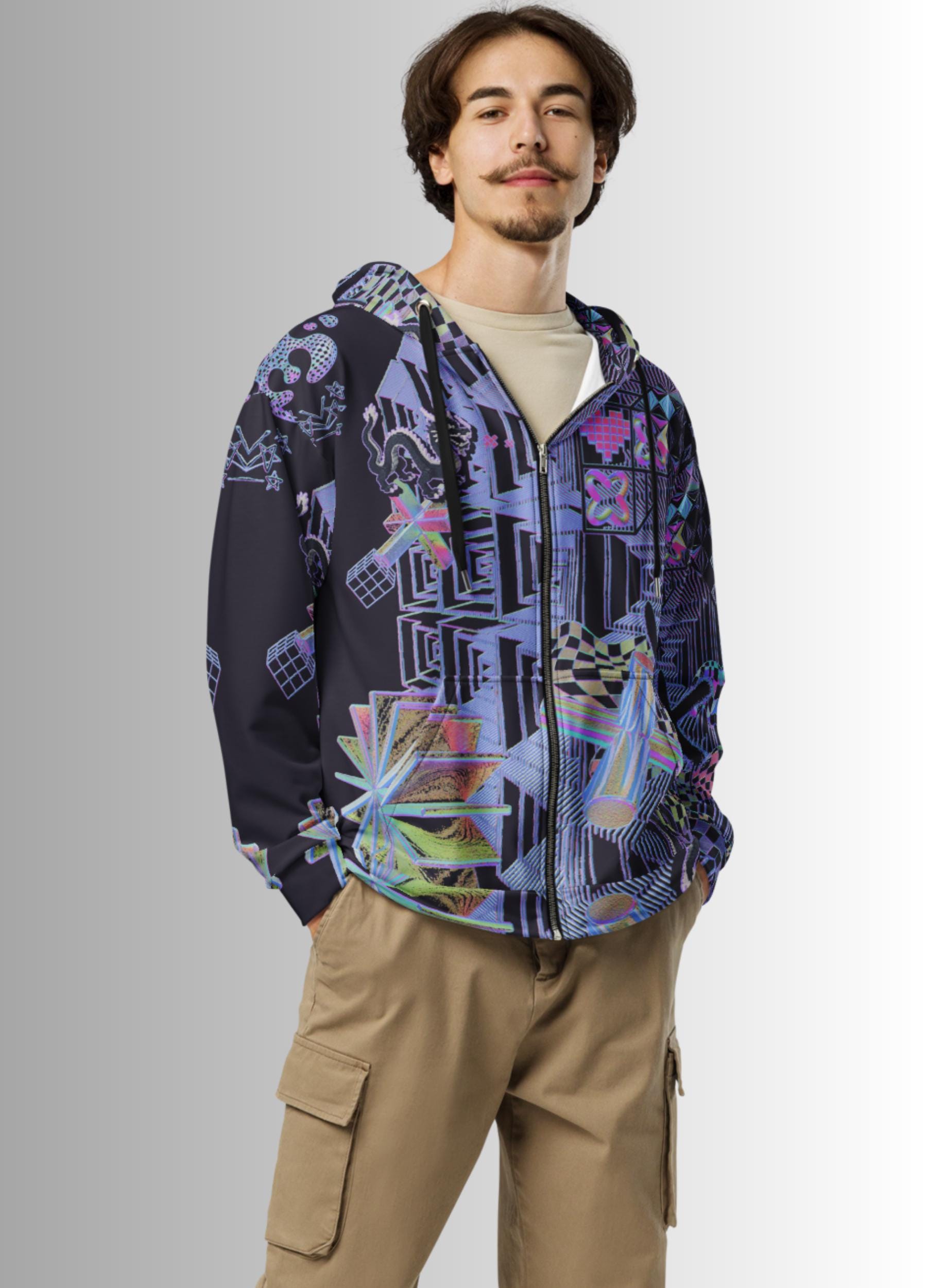 Glitchcore Dragon Zip up Hoodie, Rave Jacket, Trippy Y2K Techwear ...