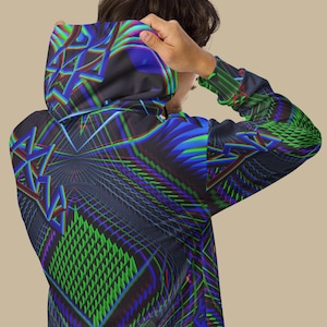 Techno Cyberpunk Zip up Hoodie, Green RGB Techwear Jacket, Trippy EDM ...