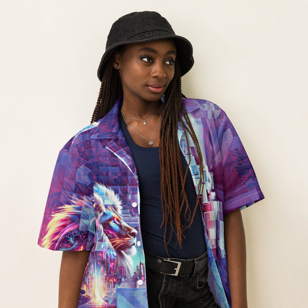 Cyberpunk Lion Button Down Shirt Neon Purple Rave Button up Shirt for ...