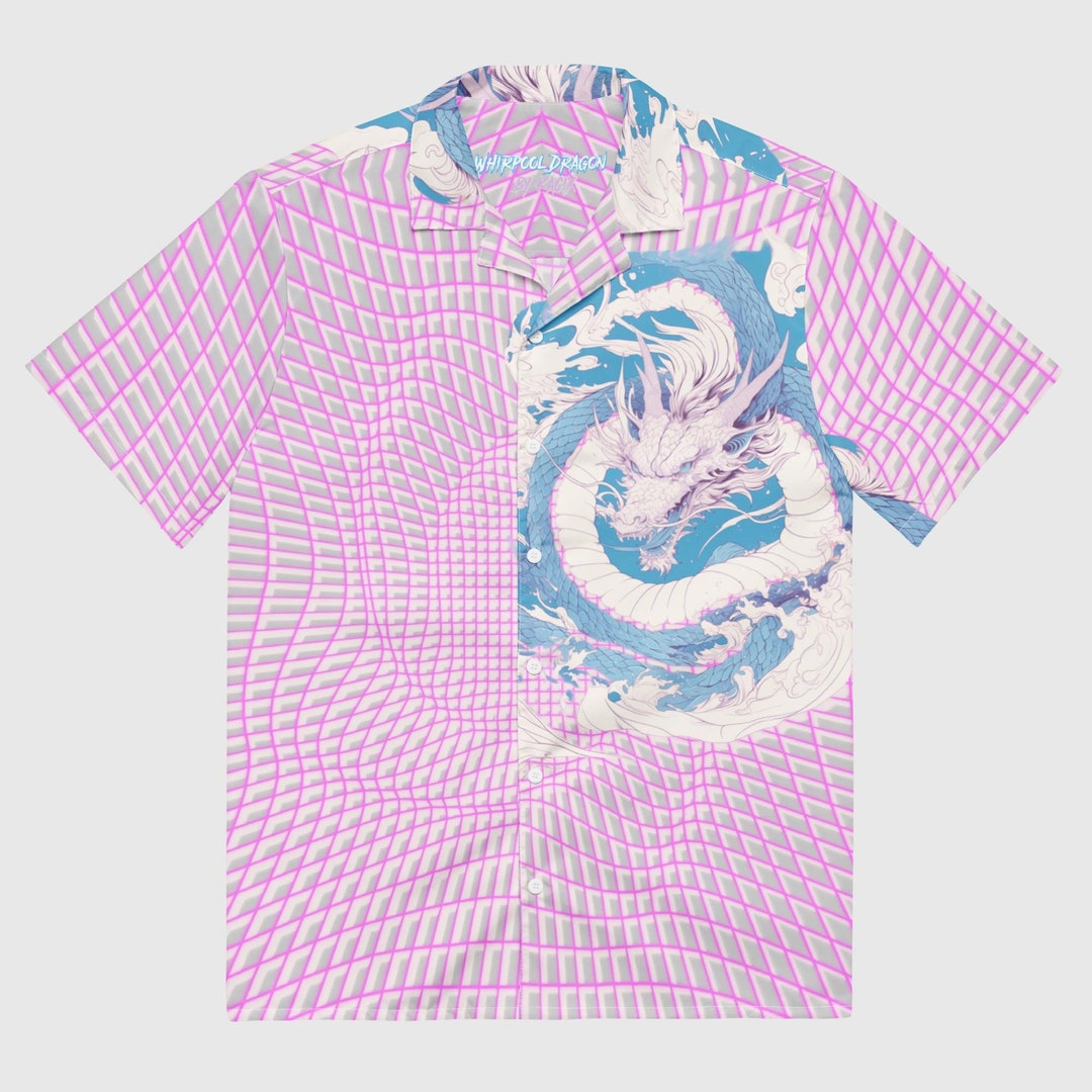 Japanese Dragon Button Down Shirt Pink Blue Vaporwave Button up Shirt ...