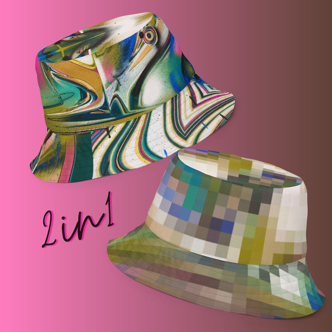 Colorful Pixel Art Women Bucket Hat, Large Festival Trippy Bucket Hat ...
