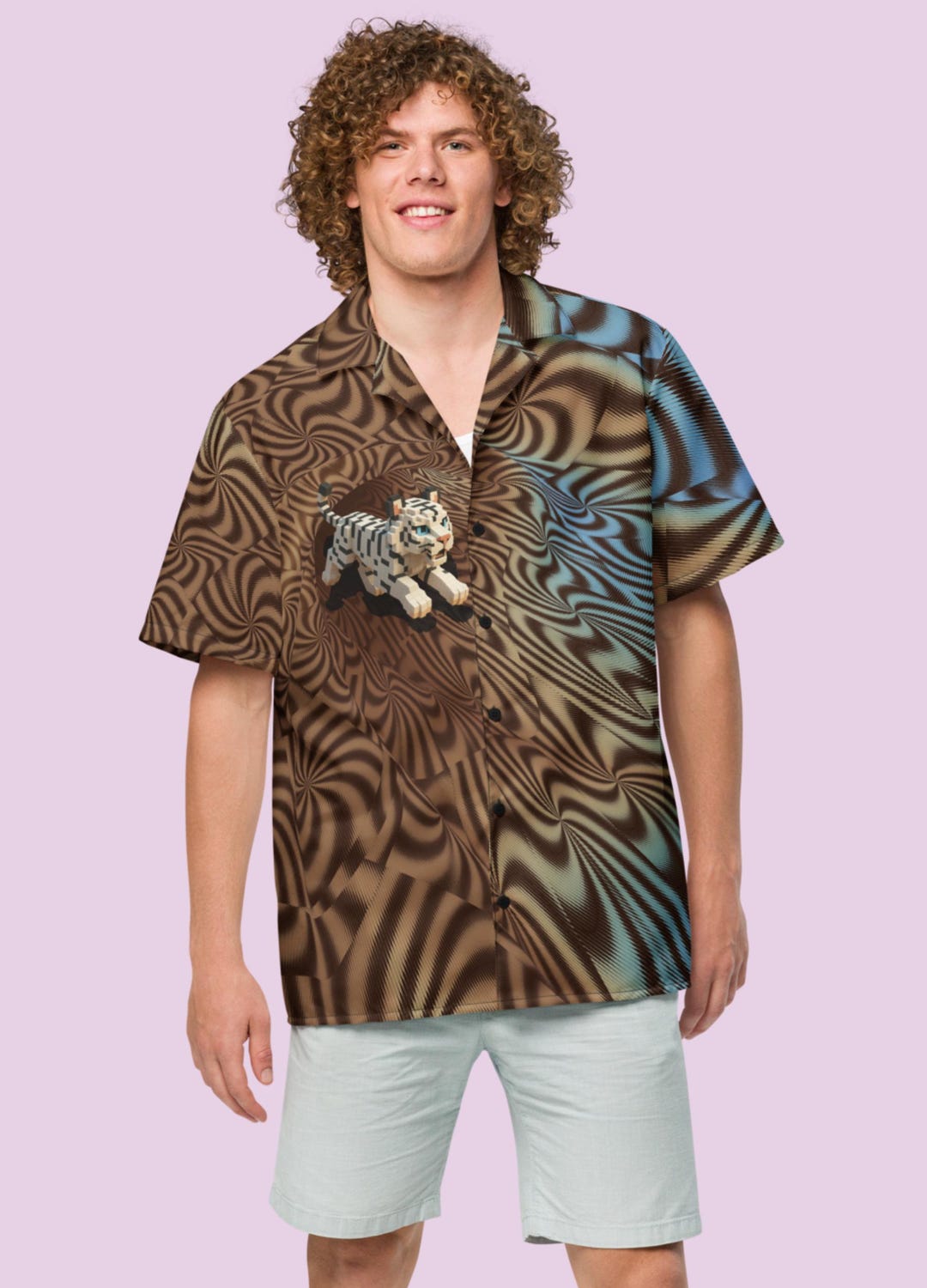 Trippy Safari Hawaiian Shirt, White Tiger Button Down Shirt, Brown ...