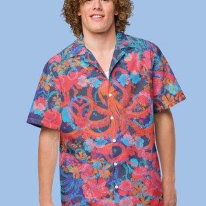 Trippy Octopus Hawaiian Shirt Floral Button Blouse Ocean Lover Button ...