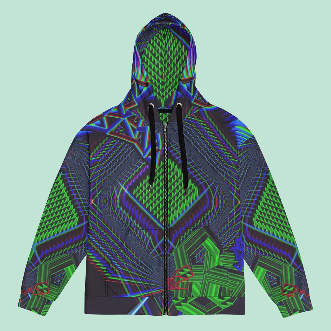 Techno Cyberpunk Zip up Hoodie, Green RGB Techwear Jacket, Trippy EDM ...