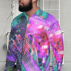 Retro Pixel Art Bomber Jacket Neon Printed Rave Jacket Urban Streetwear ...