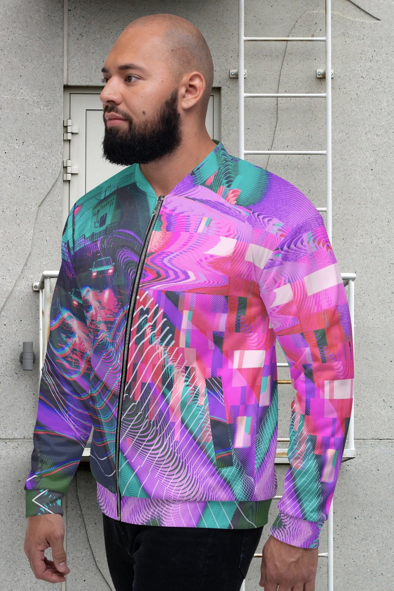Retro Pixel Art Bomber Jacket Neon Printed Rave Jacket Urban Streetwear ...
