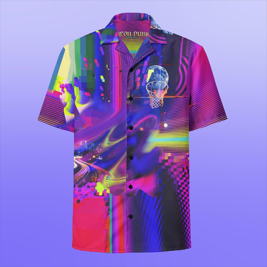 Synthwave EDM Neon Button up Shirt Cyber Techno Button Down Shirt ...