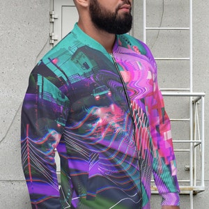 Retro Pixel Art Bomber Jacket Neon Printed Rave Jacket Urban Streetwear ...