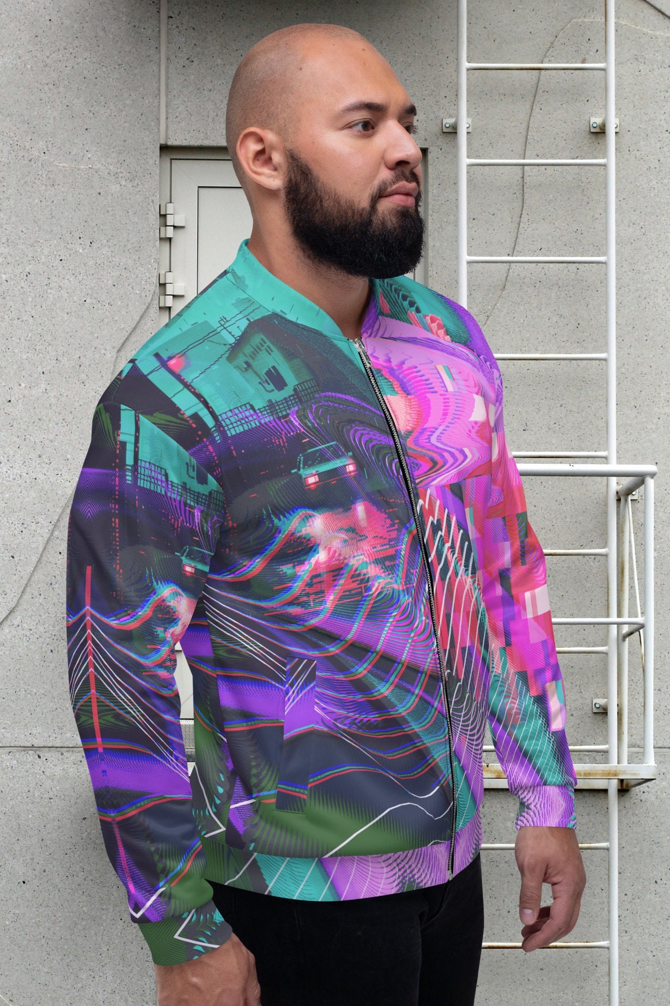 Retro Pixel Art Bomber Jacket Neon Printed Rave Jacket Urban Streetwear ...
