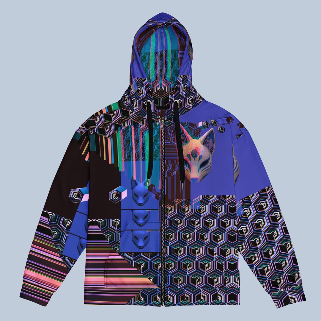 Cyber Kitsune Zip up Hoodie – Glitchcore Fox Spirit Jacket, Japanese ...