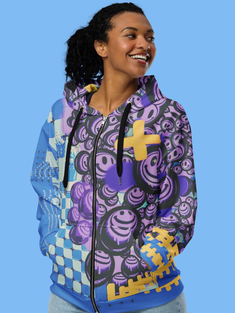 Trippy Smiley Full Zip up Hoodie Graffiti Street Art Sweatshirt Quirky ...