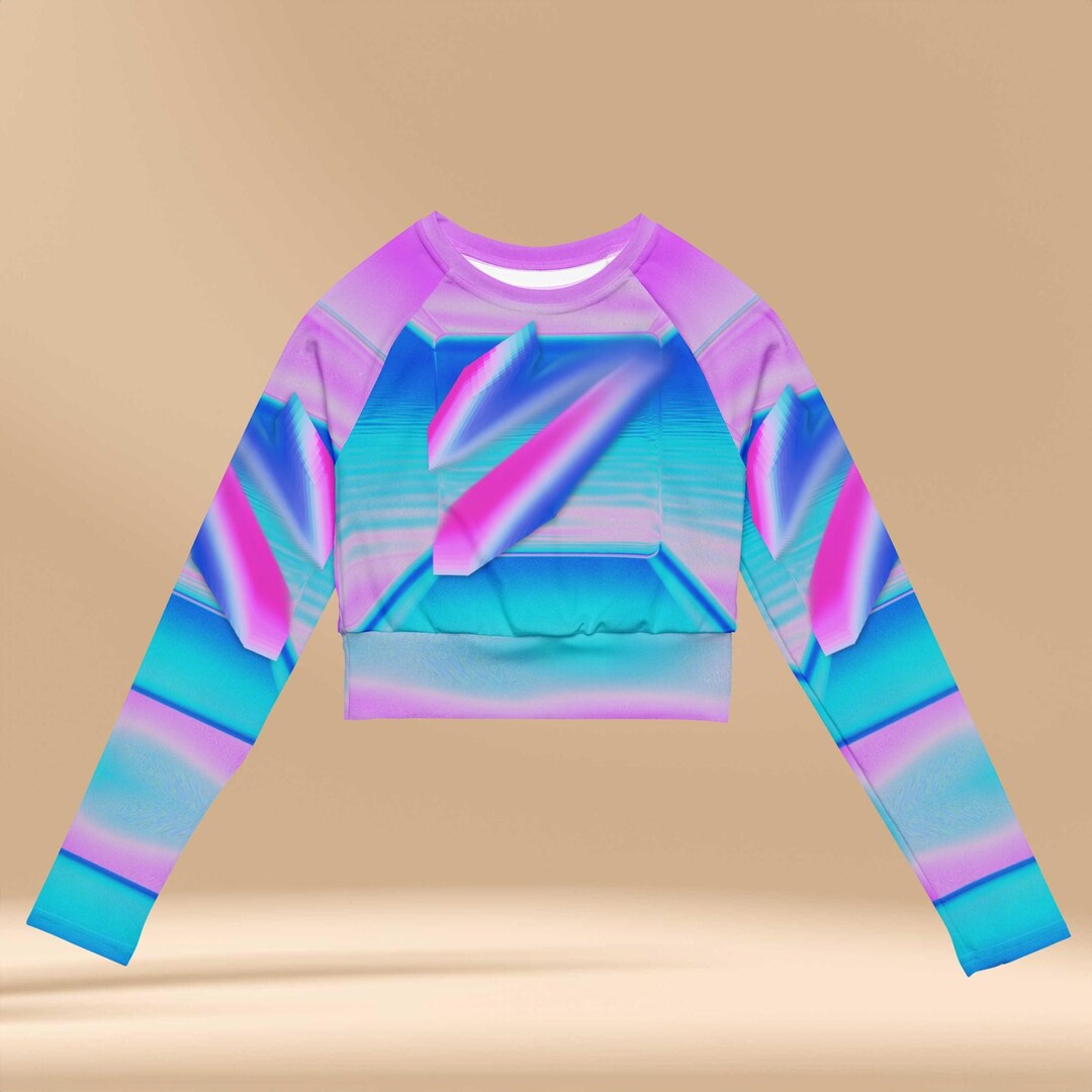 Neon Blue Pink Beach Crop Top Long Sleeve Surf Shirt Rave EDM Crop Top ...