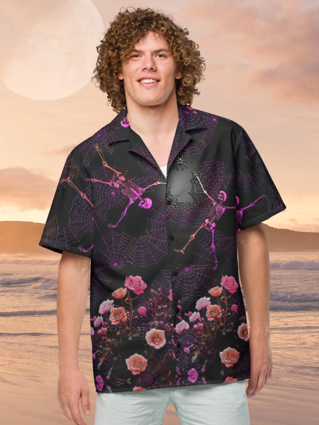 Oversized Gothic Hawaiian Shirt: Pink Roses, Skeletons, Macabre Top - Etsy