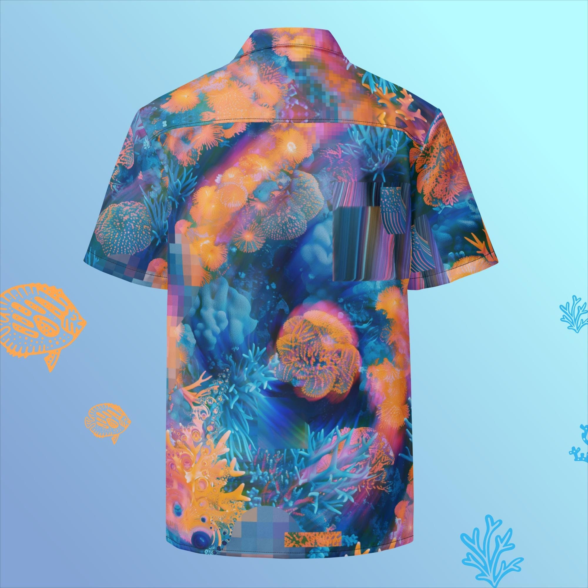Sea Coral Hawaiian Shirt Beach Party Button up Shirt Blue Orange Floral ...