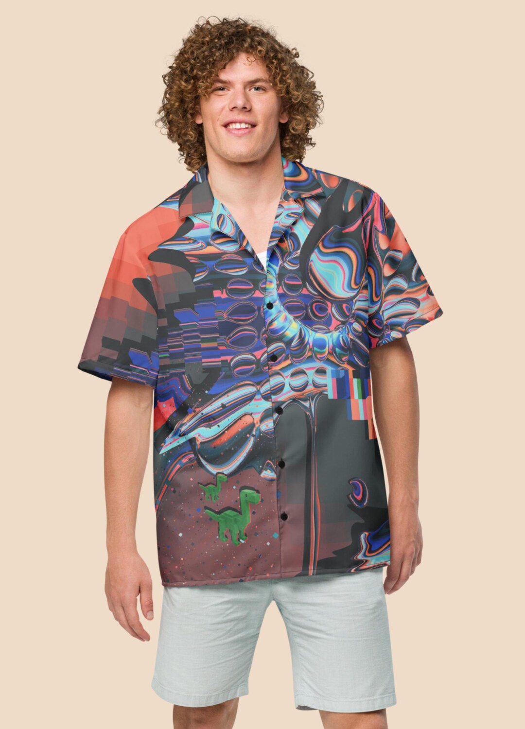 Trippy Frutiger Aero Button-down, Pixel Dino Rave Shirt, Psychedelic ...