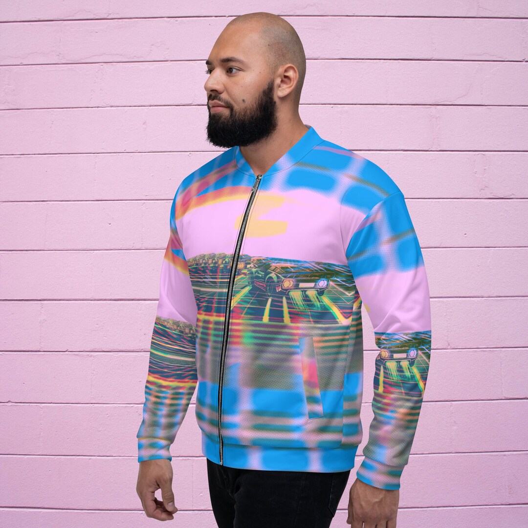 Retro Vaporwave Bomber Jacket Pink Blue Racer Graphic Streetwear Jacket ...