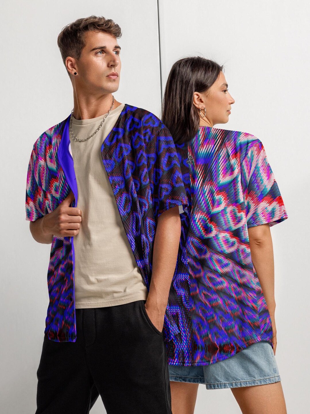 Trippy Neon Heart Button Down Shirt Rave Love Baseball Jersey Button up ...