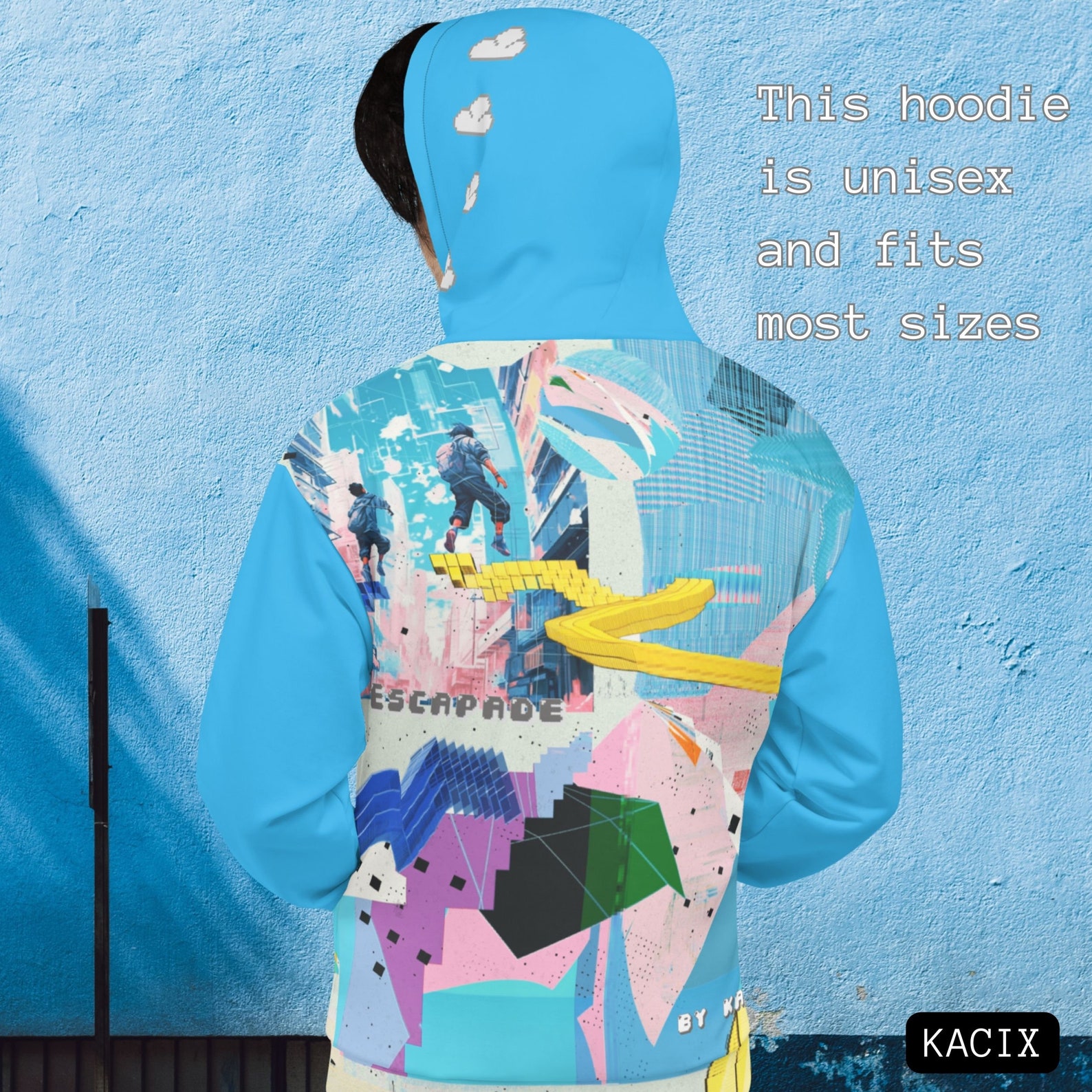 Glitchcore Gamer Blue Hoodie, Retro Aesthetic Hoodie, Hip Hop Rave ...