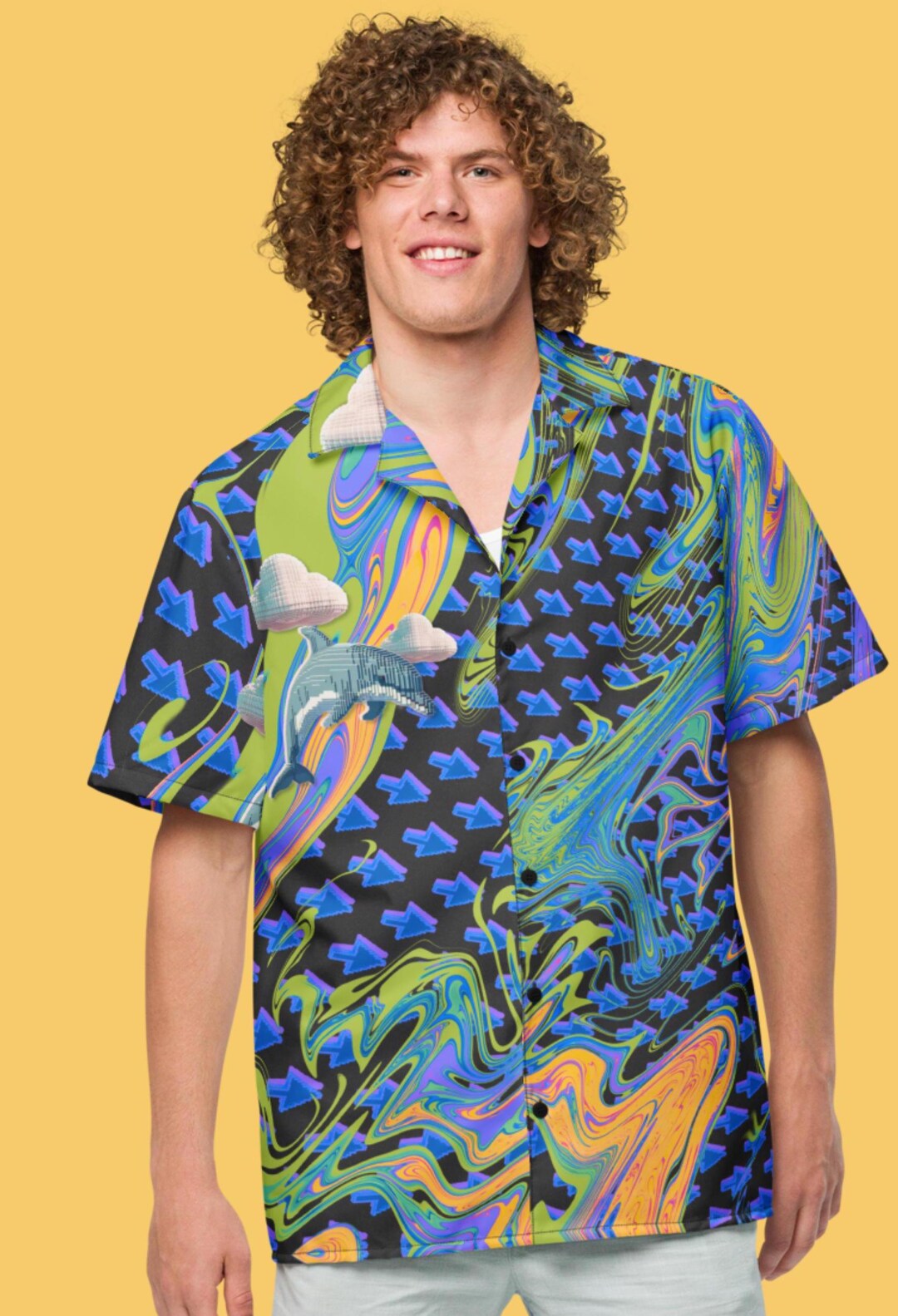 Pixel Dolphin Button-up Shirt, Trippy 90s Retro Hawaiian Shirt, Unique ...