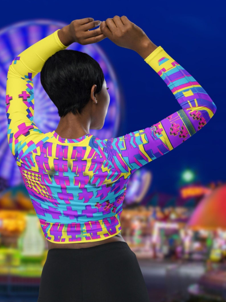 Vibrant Funky Long Sleeve Crop Top Bold Dance Surf Cropped Shirt Gym ...