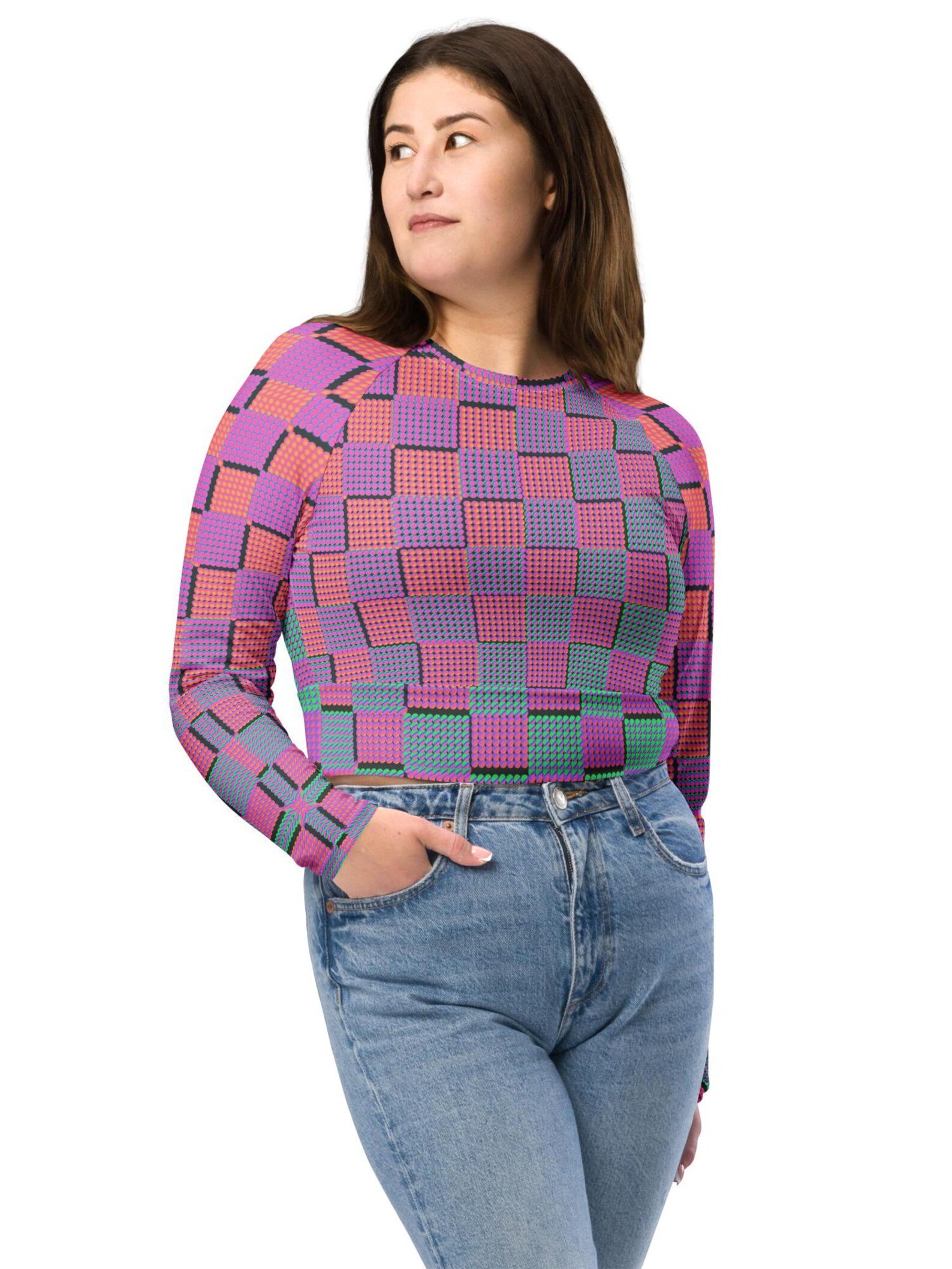 Checkered Long Sleeve Crop Top, Neon Pink Rave Crop Shirt, Retro EDM ...