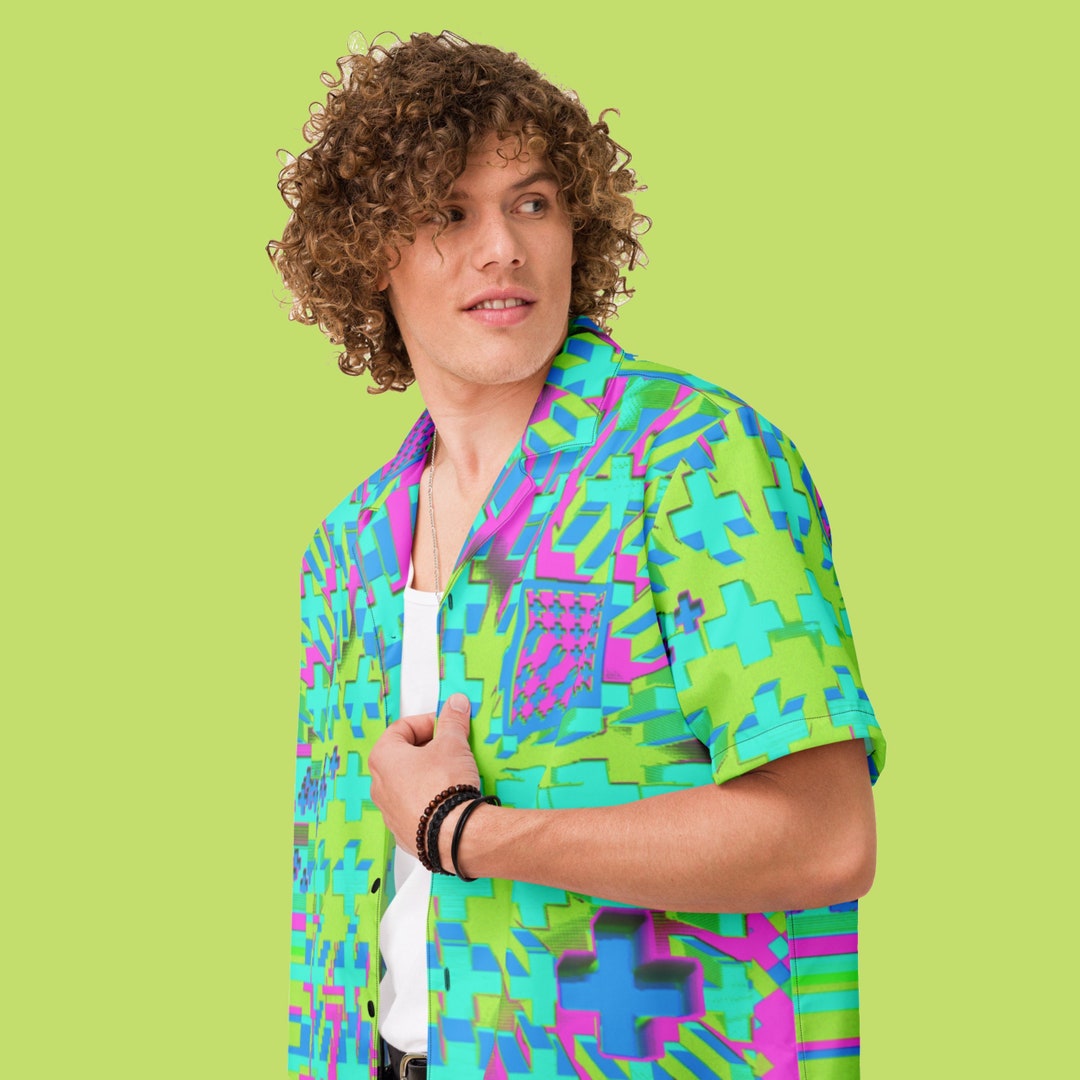 Neon Rave Party Button up Shirt Bold Geometric Streetwear Button Down ...