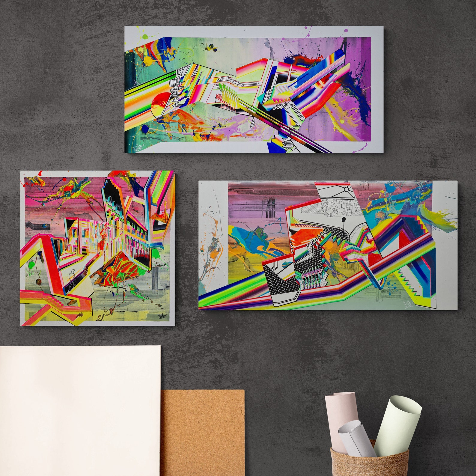 Modern Wall Decor Set of 3 Paintings Colorful Street Art | Etsy