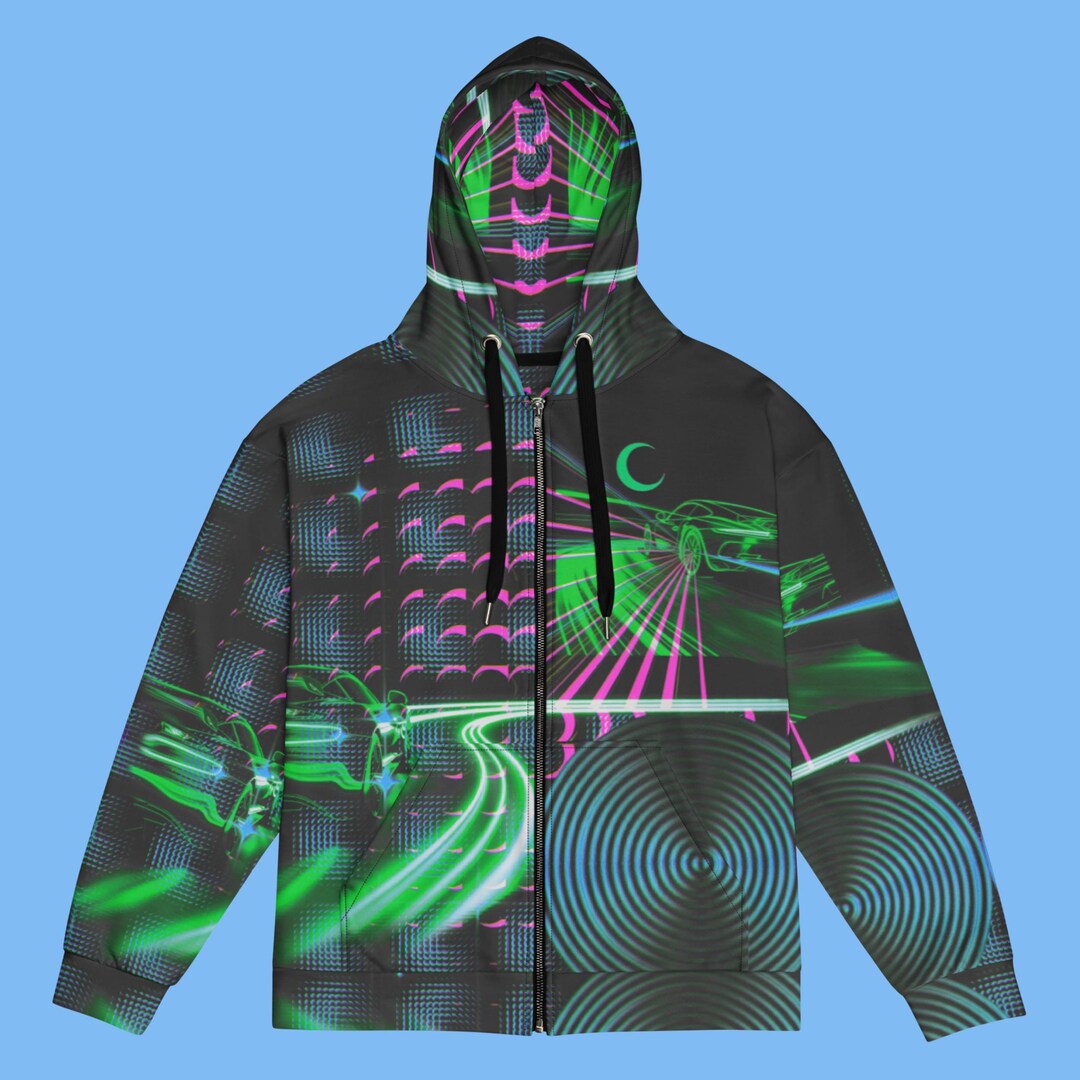 Cyberpunk Techwear Hoodie EDM Techno Full Zip up Hoodie Racing Car ...