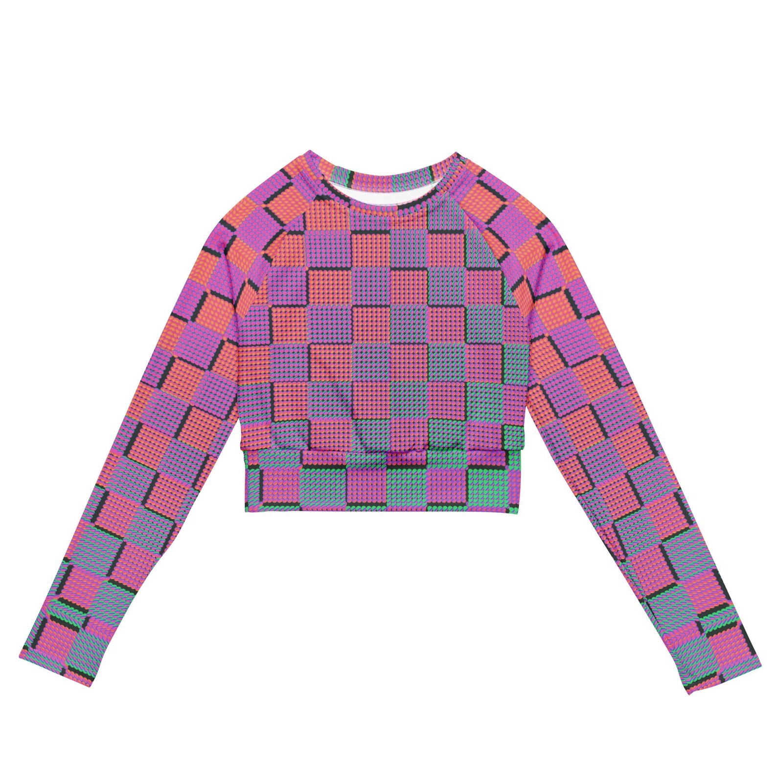 Checkered Long Sleeve Crop Top, Neon Pink Rave Crop Shirt, Retro EDM ...