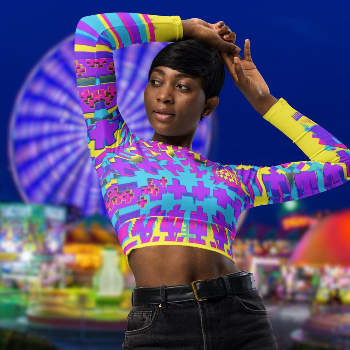 Vibrant Funky Long Sleeve Crop Top Bold Dance Surf Cropped Shirt Gym ...