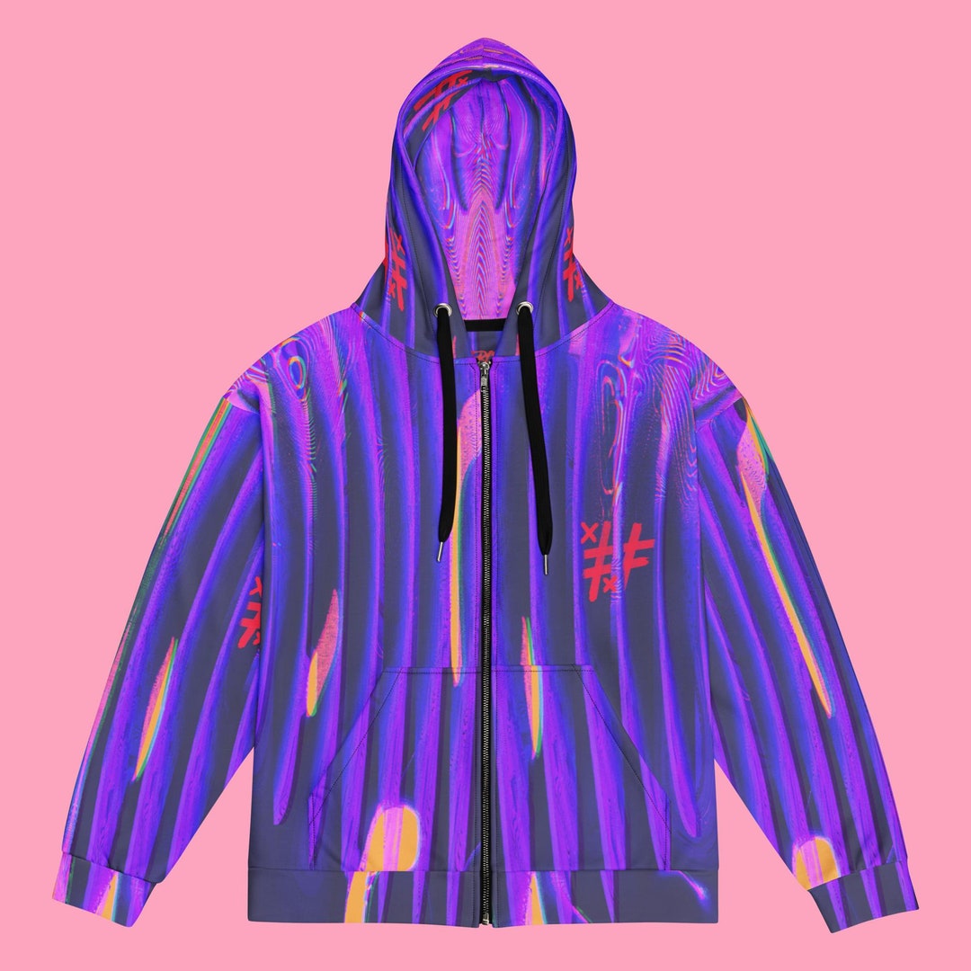 Purple Cyberpunk Full Zip up Hoodie Techwear Jacket Techno Gamer Hoodie ...