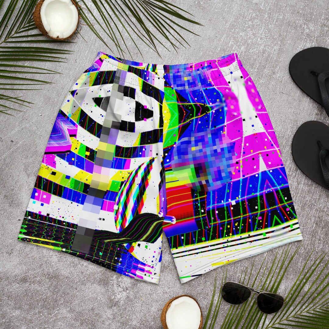 Glitchcore Cyberpunk Rave Shorts, Pixel Art Festival Trunks, Trippy ...