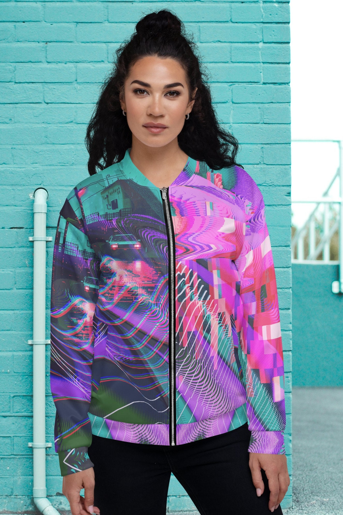 Retro Pixel Art Bomber Jacket Neon Printed Rave Jacket Urban Streetwear ...