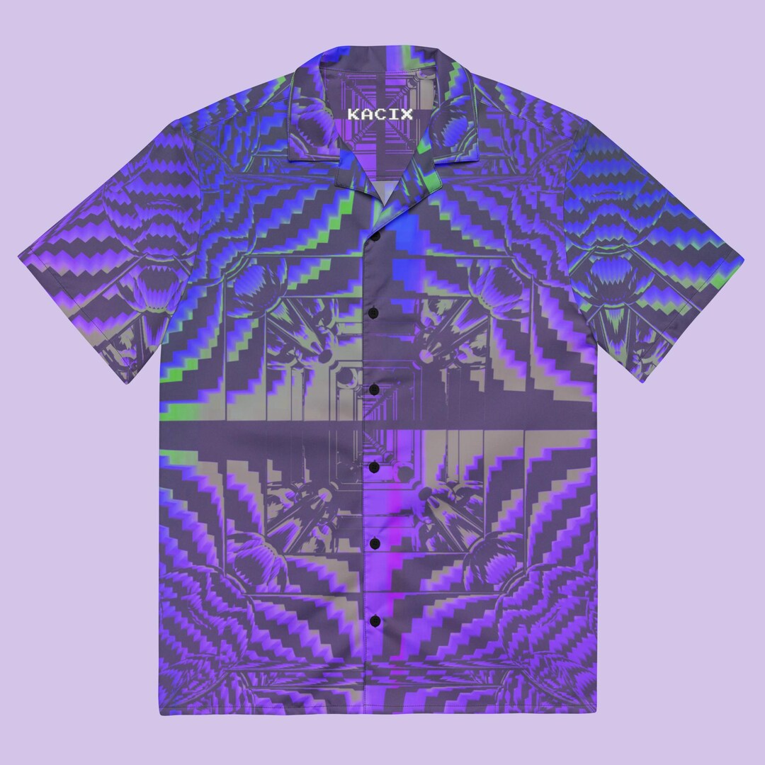 Cybercore Neon Button-up, Synthwave Purple Grid Shirt, Techno EDM ...