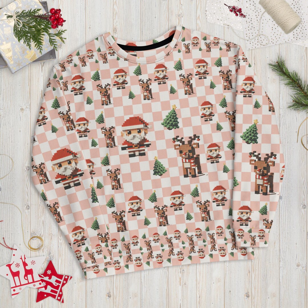 Checkered Ugly Holiday Sweater Pixel Art Santa Crewneck Cute Retro ...