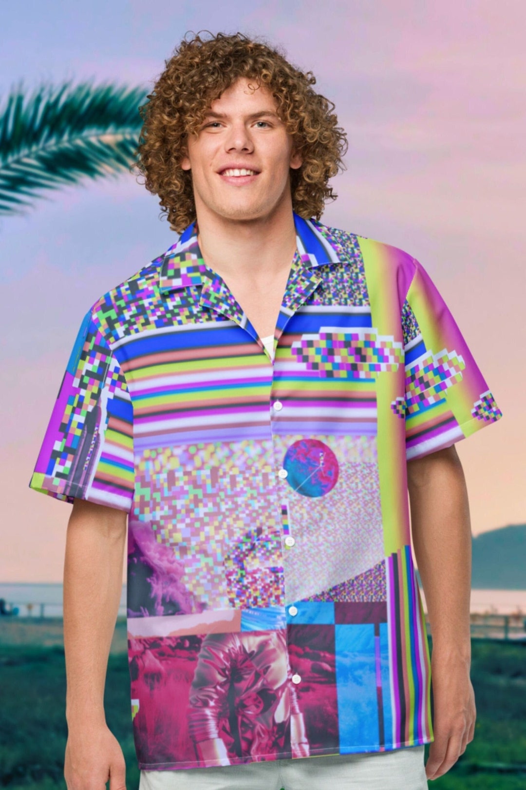 Trippy Retro Futurism Button up Shirt Pixel Glitch Art Hawaiian Shirt ...