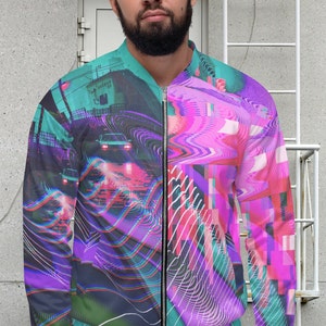 Retro Pixel Art Bomber Jacket Neon Printed Rave Jacket Urban Streetwear ...