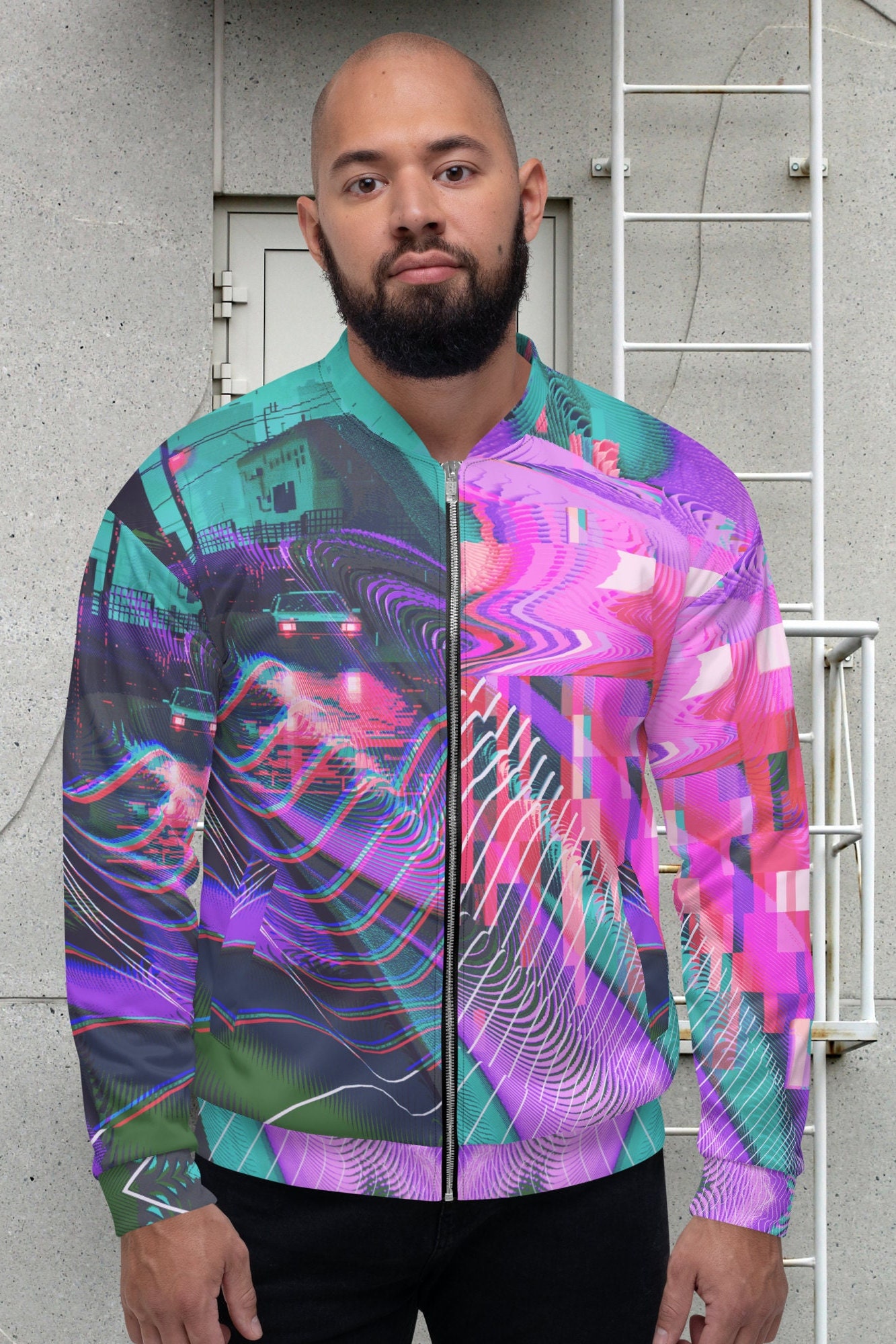 Retro Pixel Art Bomber Jacket Neon Printed Rave Jacket Urban Streetwear ...