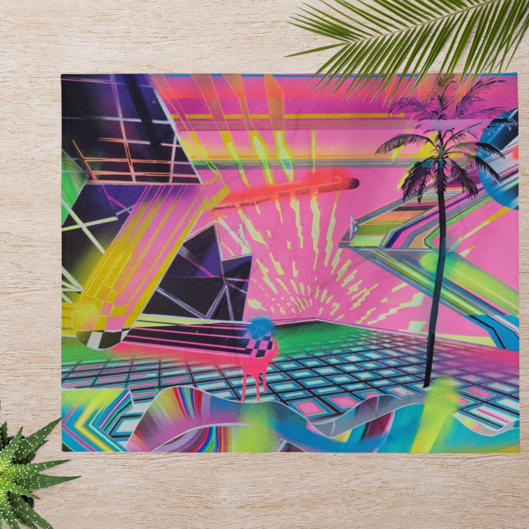 Solarpunk Vaporwave Palm Tree Beach Blanket, Cozy Decorative Throw ...