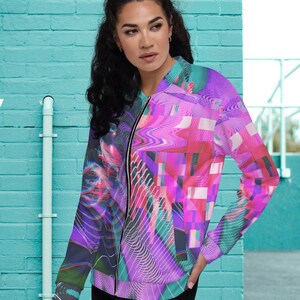 Retro Pixel Art Bomber Jacket Neon Printed Rave Jacket Urban Streetwear ...