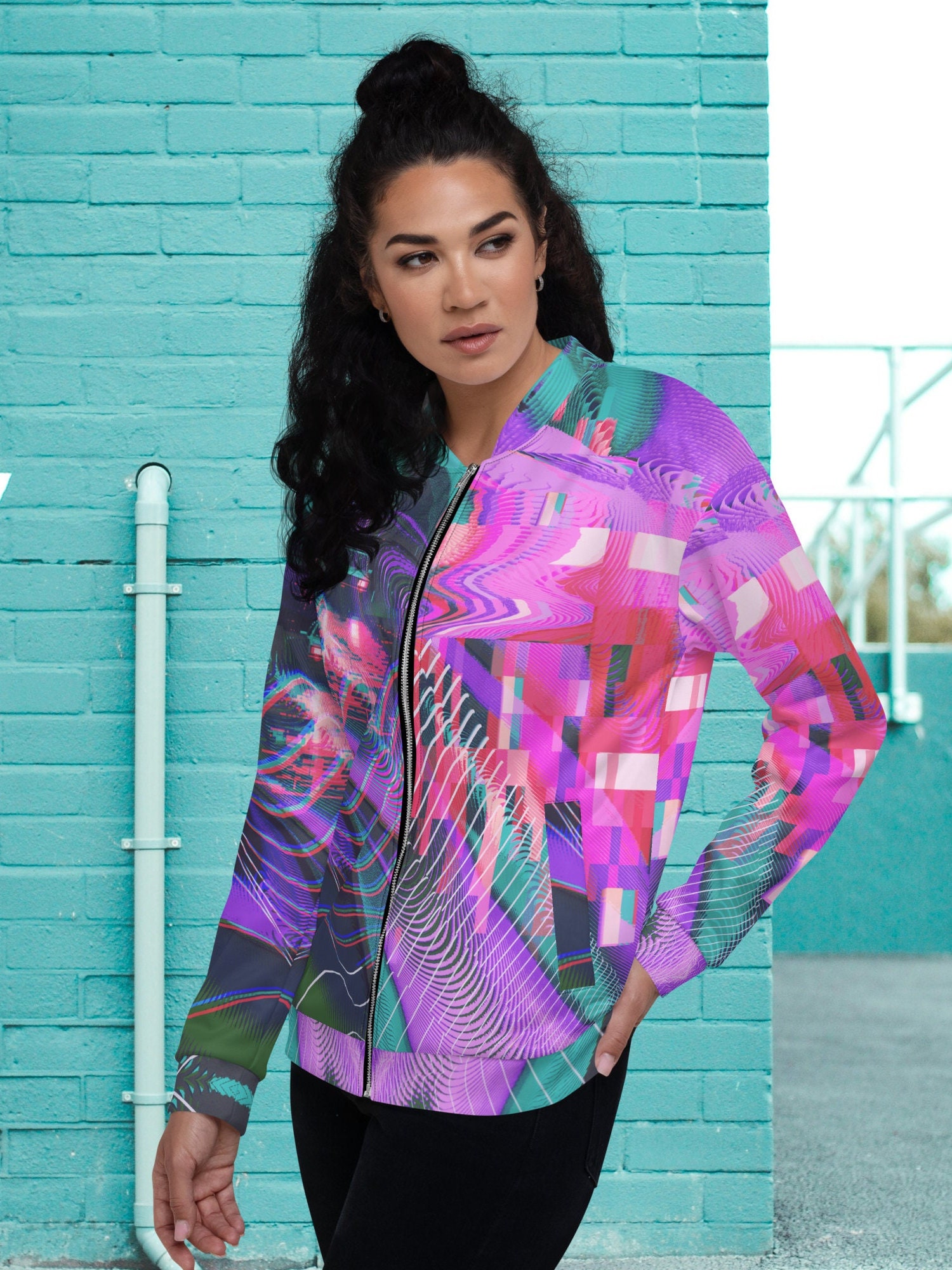 Retro Pixel Art Bomber Jacket Neon Printed Rave Jacket Urban Streetwear ...