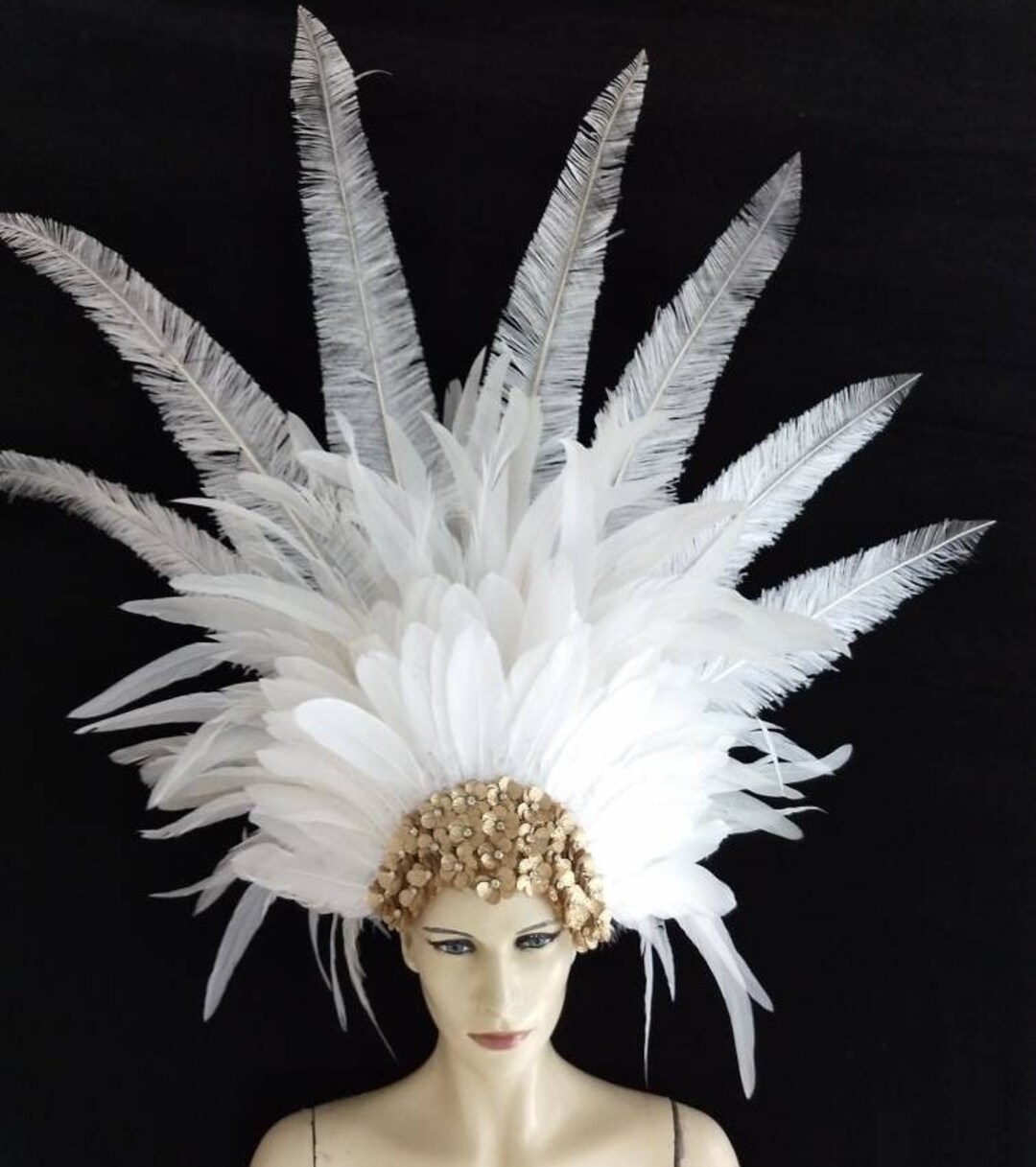 White Large Carnival Headdress Showgirl Samba With Gold Sequined and ...