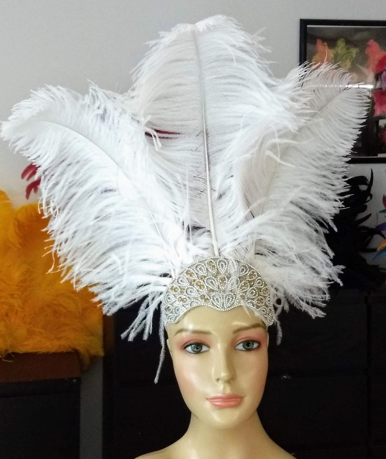 White Medium Ostrich Feathers Carnival Headdress Headpiece | Etsy