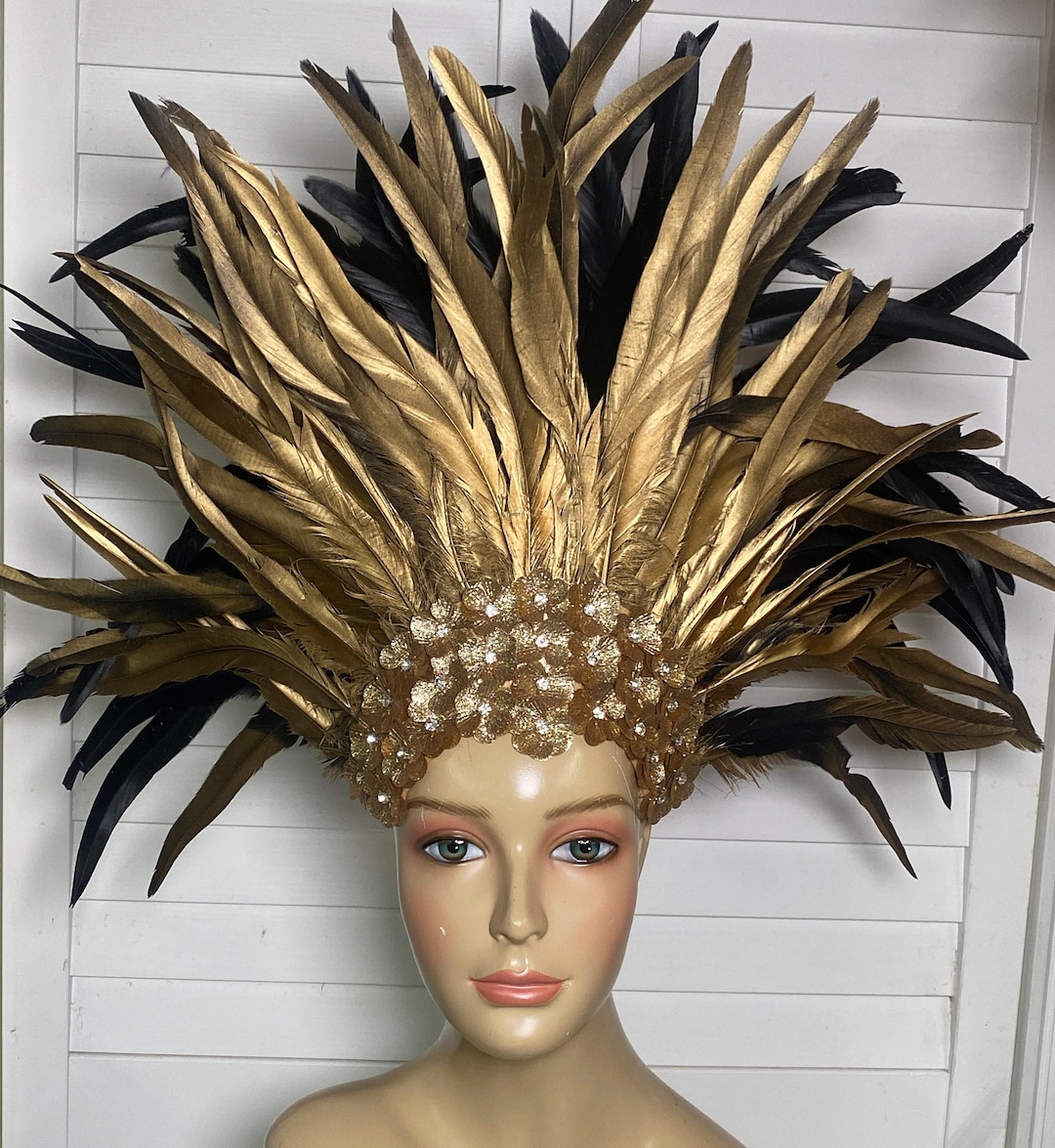 Black and Gold Feathers Headdress Piece Carnival Samba Pageant Hora ...