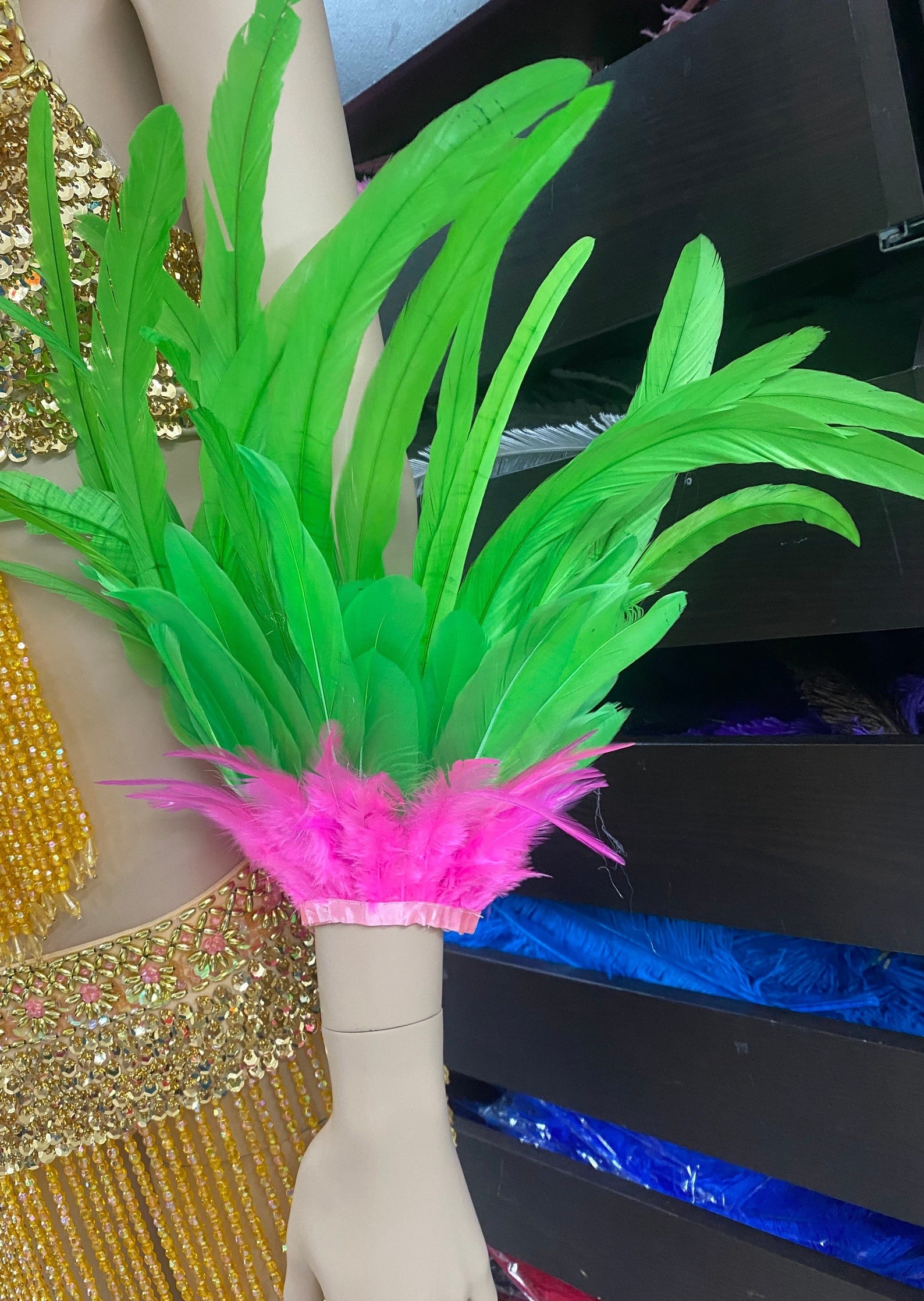Lime Green Bright Pink Feather Colors on a Silver Sequin Appliques ...