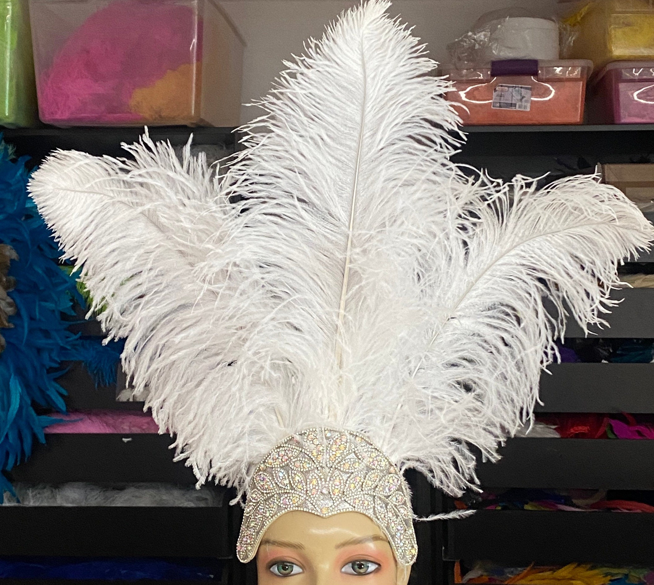 White Medium Ostrich Feathers Carnival Headdress Headpiece - Etsy
