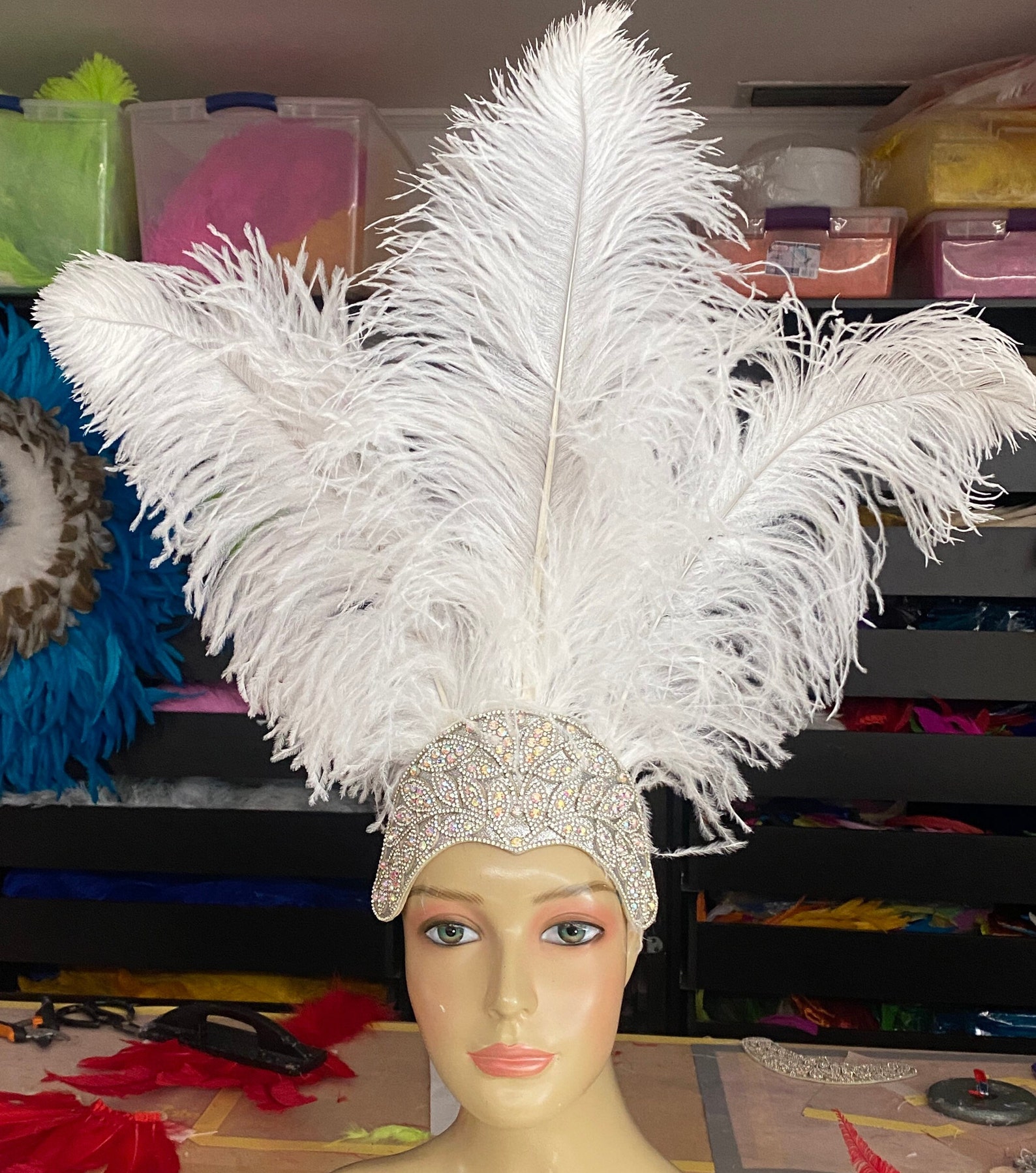 White Medium Ostrich Feathers Carnival Headdress Headpiece - Etsy