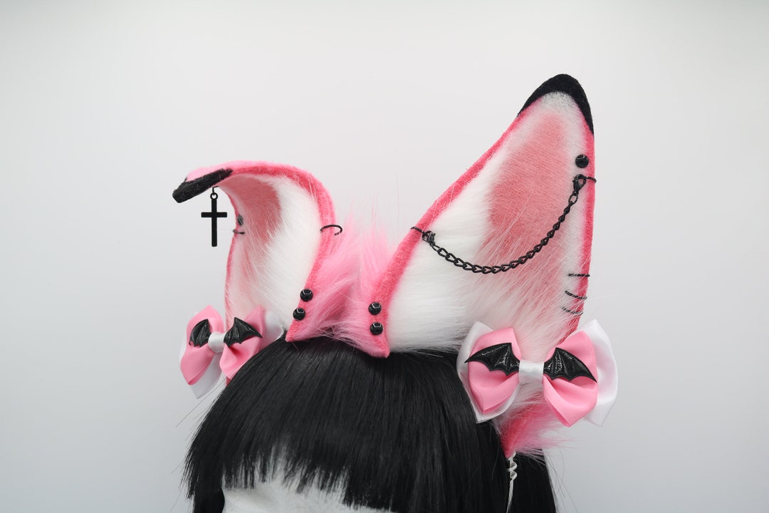 Pink & Black Tip Bunny Ears - Bunny Ears Headband, Neko Ears, Faux Fur ...