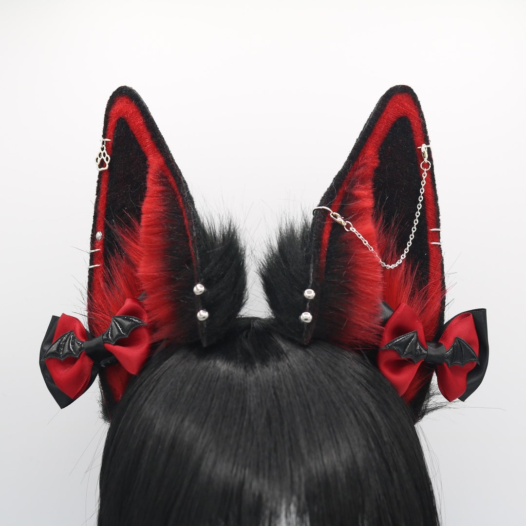 Red and Black Bunny Ears - Bunny Ears Headband, Neko Ears, Faux Fur ...