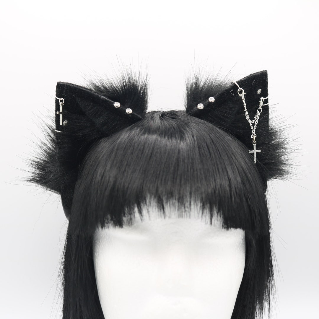 Gothic Black Fluffy Kitty Cat Ears - Cat Ears Headband, Fluffy Neko ...